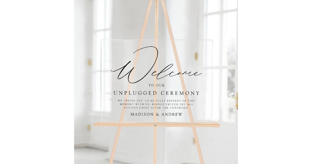 Elegant Black Script Unplugged Ceremony Wedding Acrylic Sign | Zazzle
