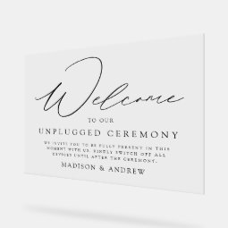 Elegant Black Script Unplugged Ceremony Wedding Acrylic Sign | Zazzle