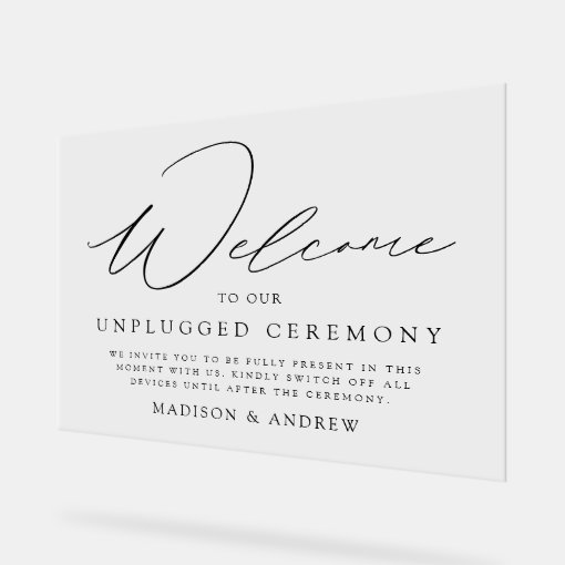 Elegant Black Script Unplugged Ceremony Wedding Acrylic Sign | Zazzle