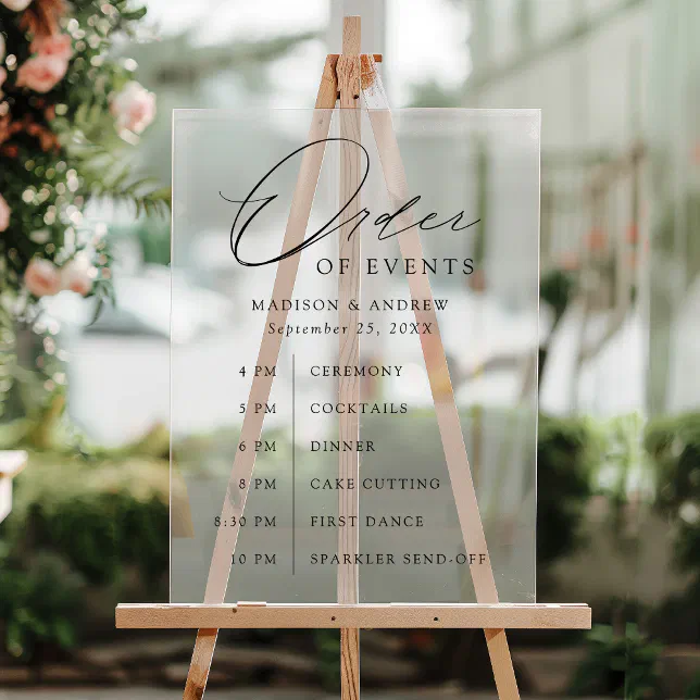 Elegant Black Script Wedding Order of Events Acrylic Sign | Zazzle