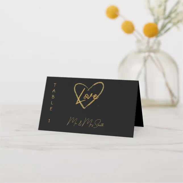 Elegant Black Shiny Love Heart Wedding Black Place Card | Zazzle
