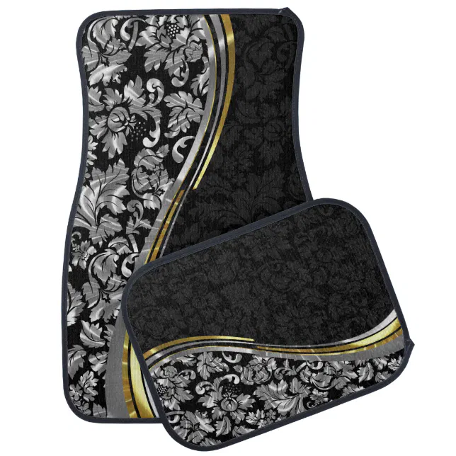 Elegant Black & Silver Damasks Gold Accents Car Mat | Zazzle