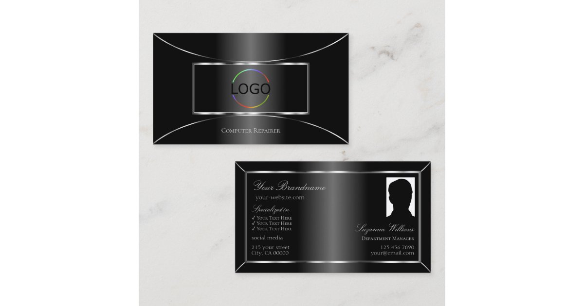 Elegant Black Silver Decor with Logo and Photo Business Card | Zazzle