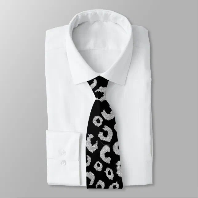 Elegant Black Silver Glitter Leopard Pattern Neck Tie | Zazzle