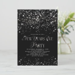 Elegant Black Silver Glitter New Years Eve Party Invitation | Zazzle