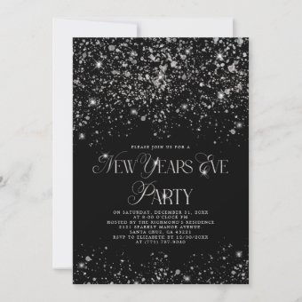Elegant Black Silver Glitter New Years Eve Party Invitation | Zazzle