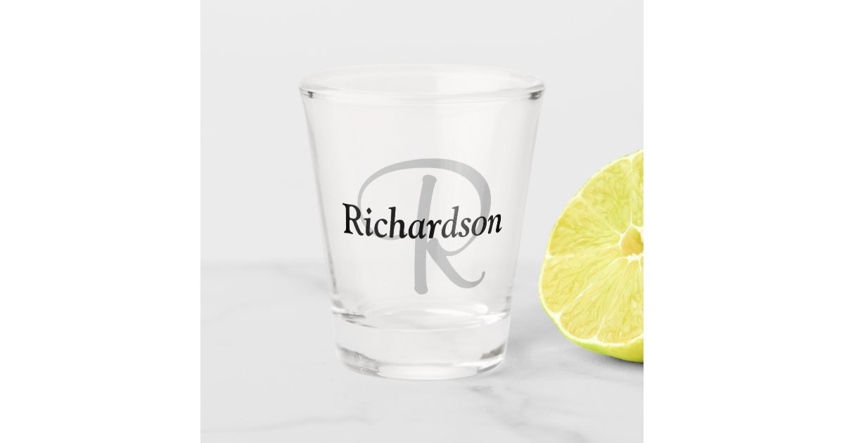 Elegant Black Silver Gray Monogram Name Shot Glass | Zazzle