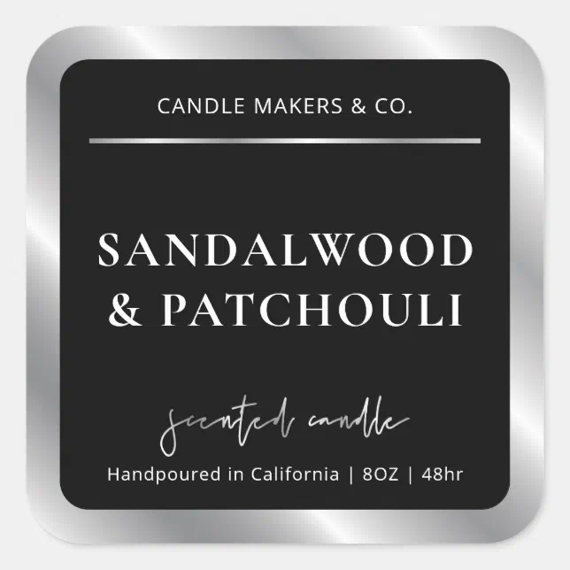 Elegant Black & Silver Modern Candle Jar Packaging Square Sticker | Zazzle
