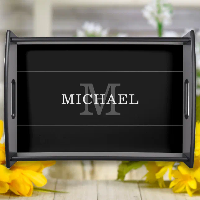 Elegant Black Silver Monogram Name Personalized Serving Tray | Zazzle
