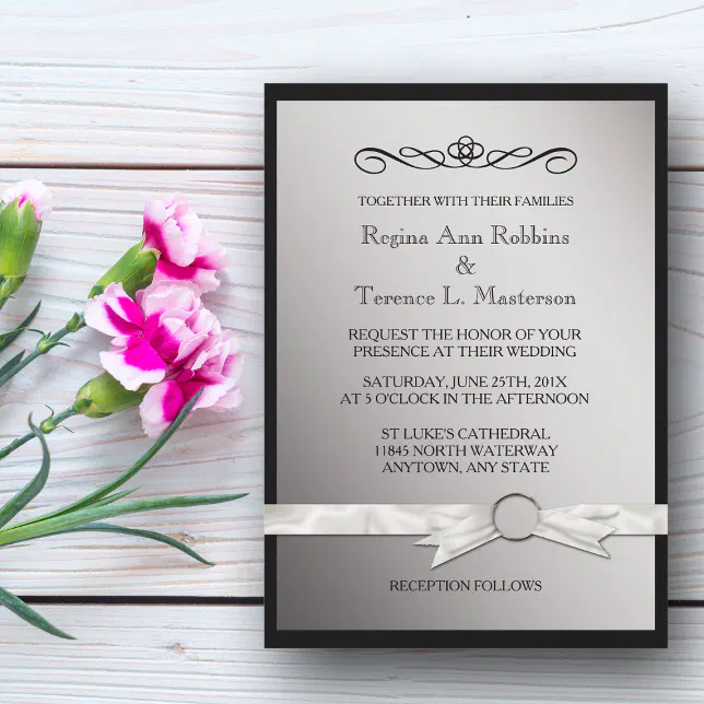 Elegant Black Silver Ribbon Wedding Invitation | Zazzle