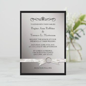 Elegant Black Silver Ribbon Wedding Invitation | Zazzle