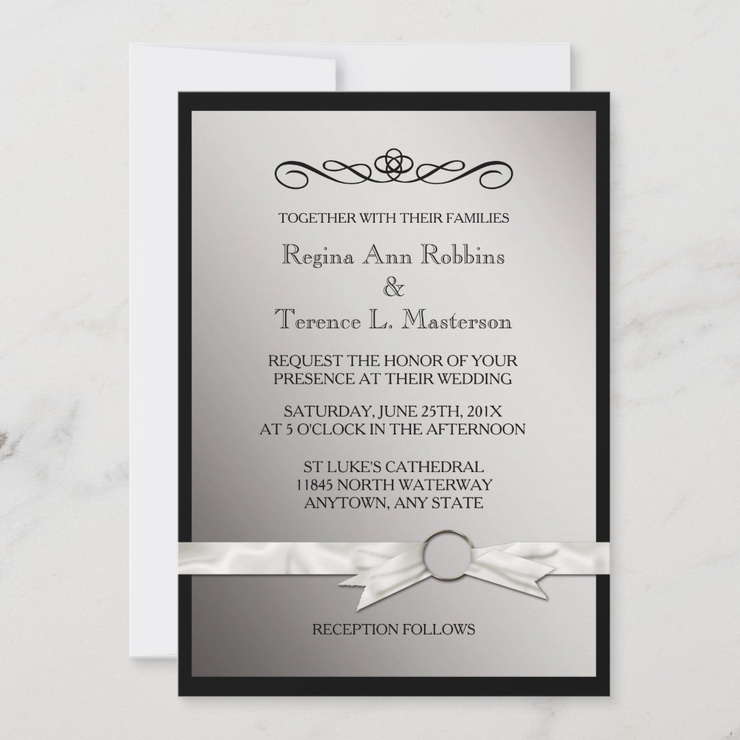 Elegant Black Silver Ribbon Wedding Invitation | Zazzle