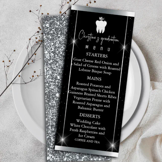 Elegant Black Silver Sparkle Dental Graduation Menu | Zazzle