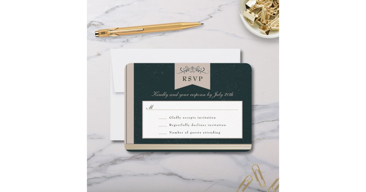 Elegant Black Tan Book Cover Wedding RSVP Card | Zazzle