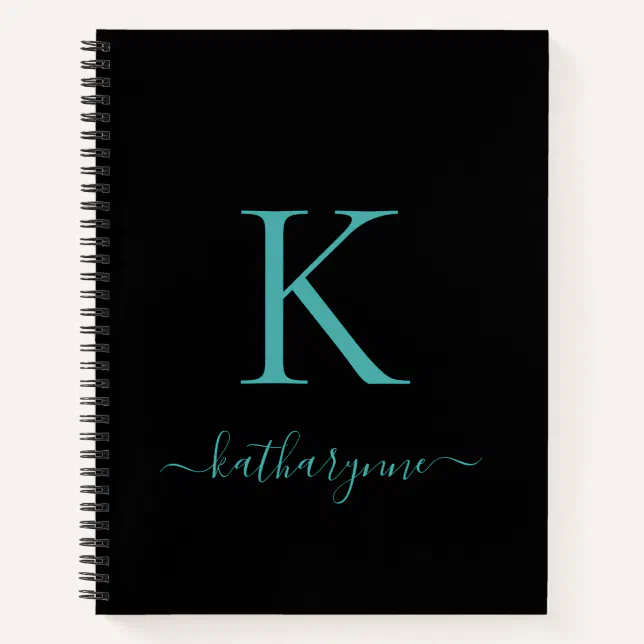 Elegant Black Teal Turquoise Monogram Name Notebook | Zazzle