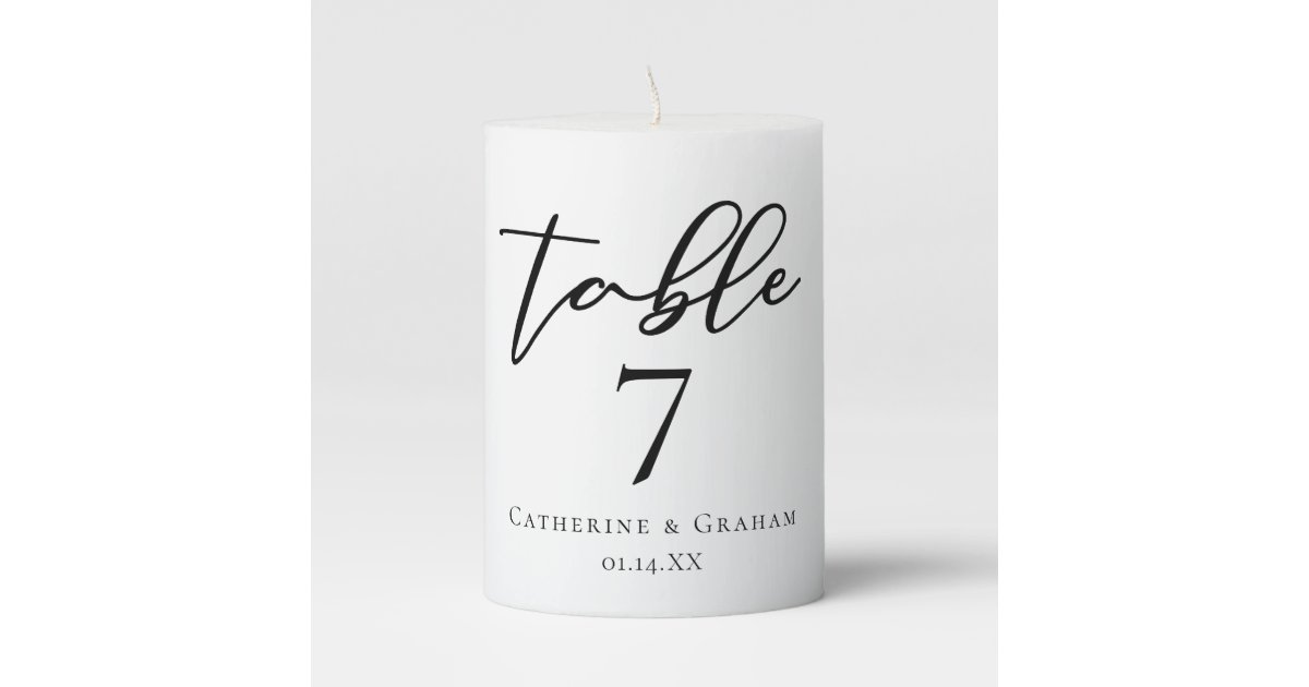 Elegant Black Typography Wedding Table Number Pillar Candle | Zazzle