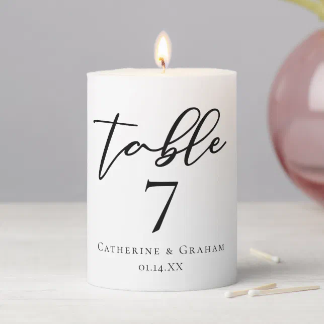Elegant Black Typography Wedding Table Number Pillar Candle | Zazzle