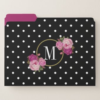 Elegant Black Vintage Purple Flowers Dots Monogram File Folder | Zazzle