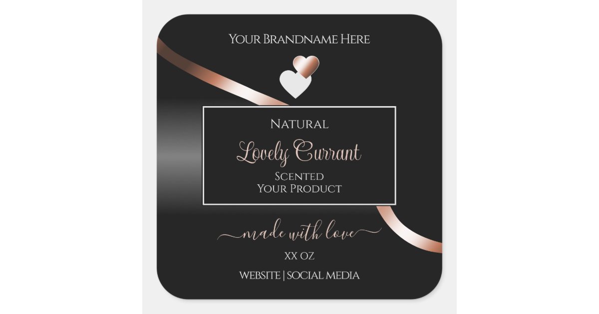 Elegant Black Wavy Rose Gold Hearts Product Labels | Zazzle
