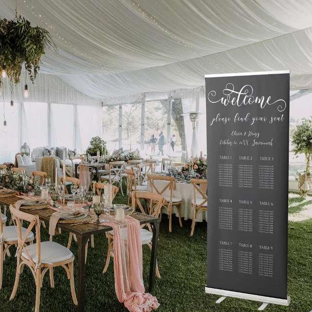 Elegant Black Wedding 9 Tables Seating Chart Retractable Banner | Zazzle