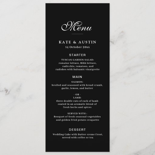 elegant black wedding menu card | Zazzle