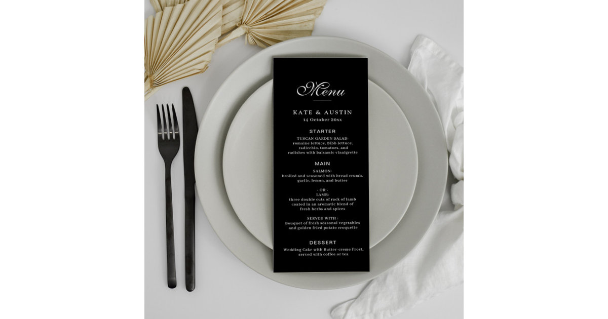 elegant black wedding menu card | Zazzle