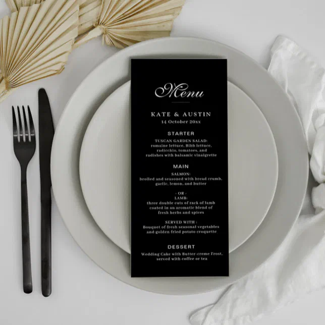 elegant black wedding menu card | Zazzle