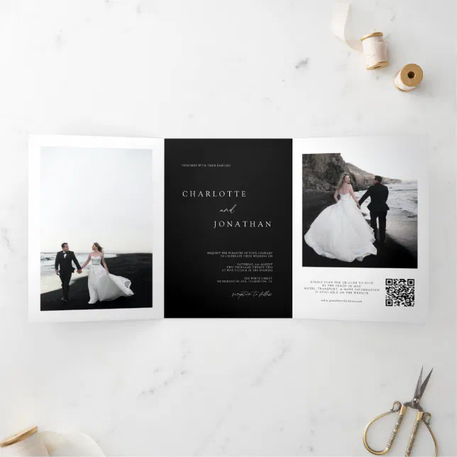 Elegant Black Wedding RSVP Details QR Code Photo Tri-Fold Invitation ...