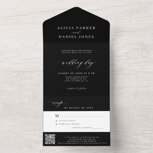 Elegant black wedding RSVP QR code All In One Invitation | Zazzle