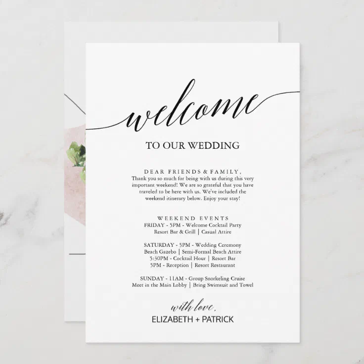 Elegant Black Welcome Letter Itinerary & Map | Zazzle