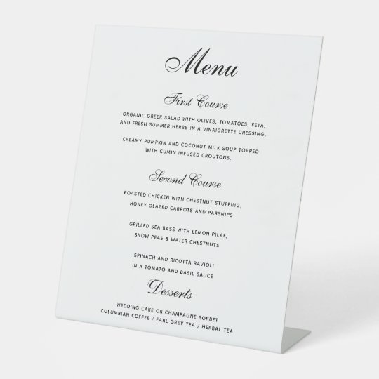 Elegant Black White 3 course Wedding Menu Pedestal Sign | Zazzle.com