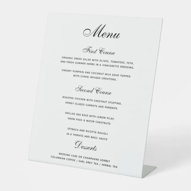 Elegant Black White 3 course Wedding Menu Pedestal Sign | Zazzle