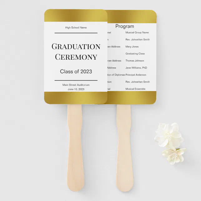 Elegant Black White and Gold Graduation Program Hand Fan | Zazzle
