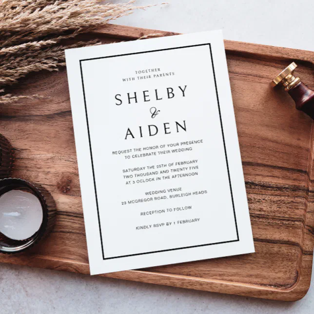 Elegant Black & White Border Modern Wedding Invitation | Zazzle
