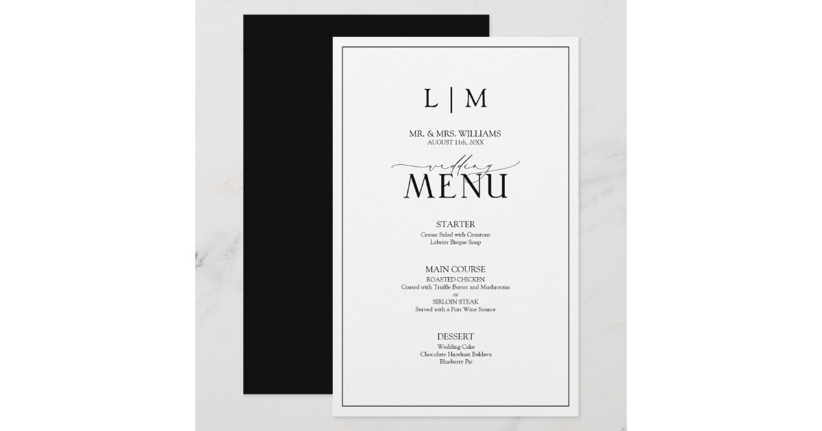 Elegant Black & White Calligraphy Monogram Menu | Zazzle