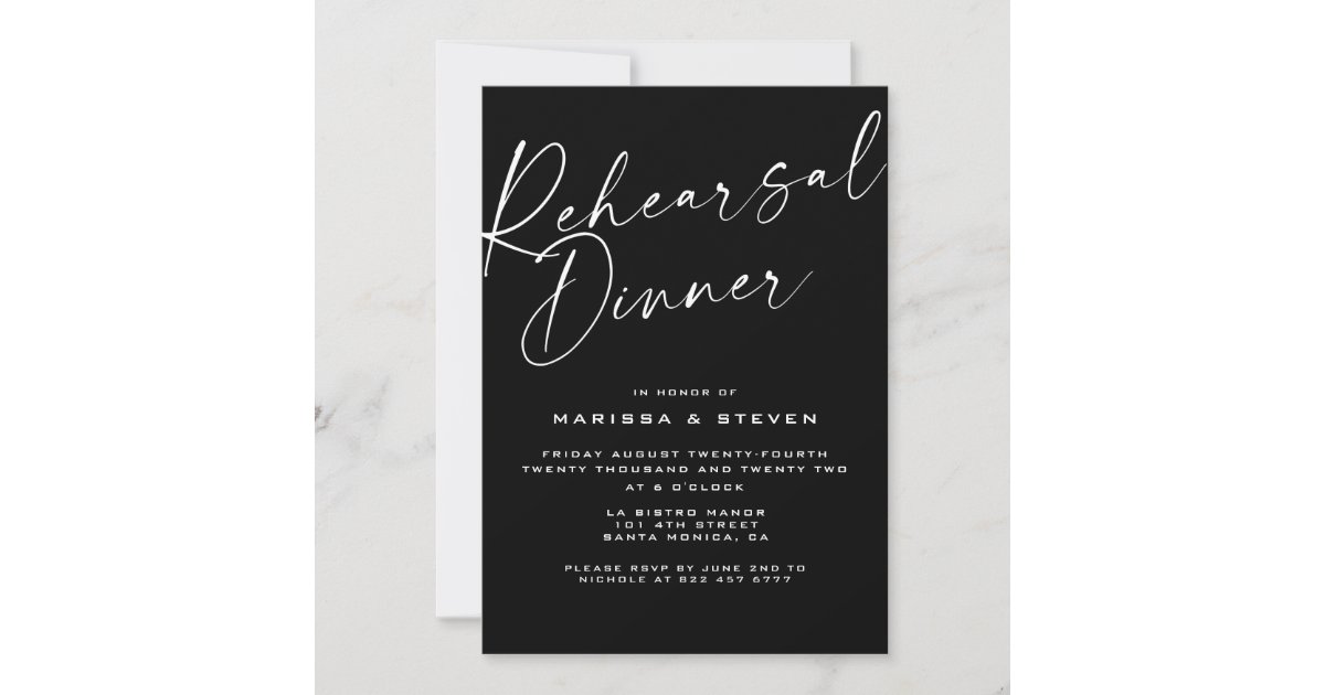 Elegant Black White Calligraphy Rehearsal Dinner Invitation | Zazzle