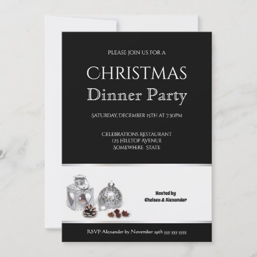 Elegant Black White Christmas Dinner Party Invitation | Zazzle