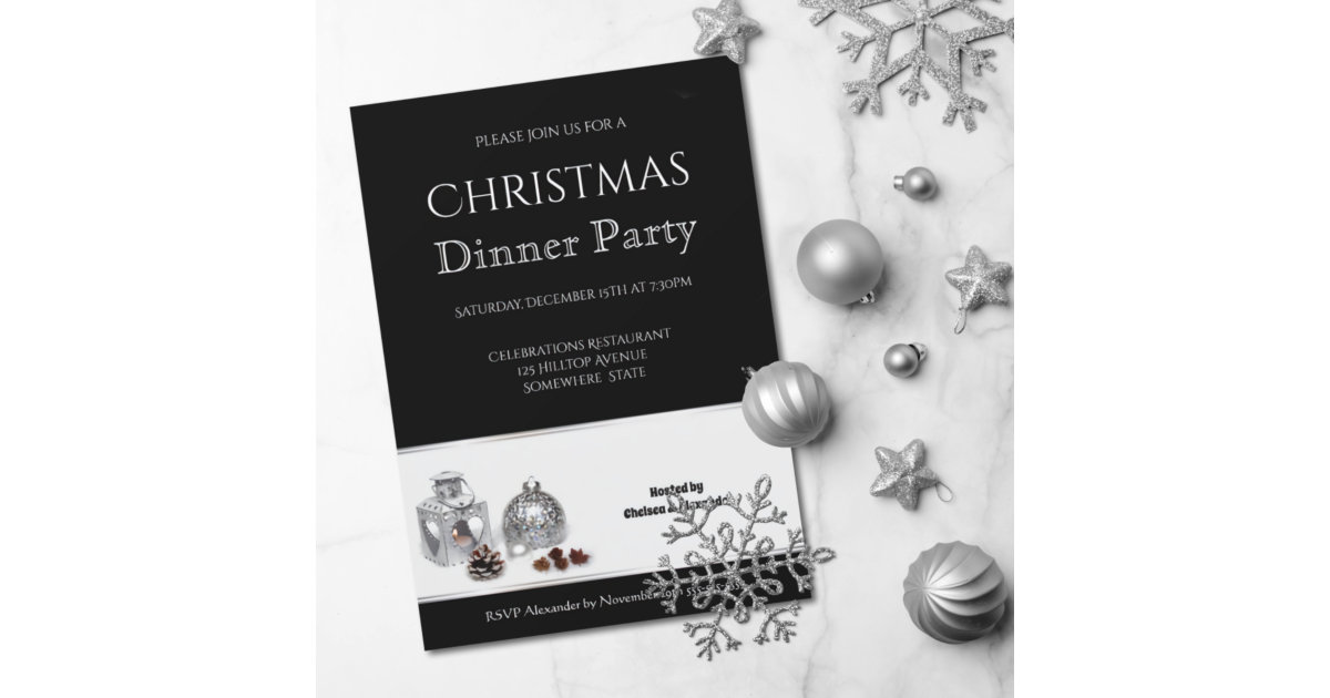 Elegant Black White Christmas Dinner Party Invitation | Zazzle