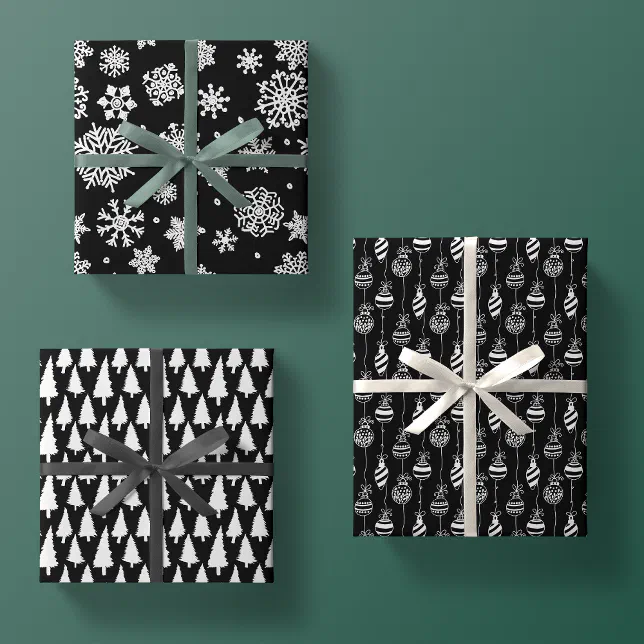 Elegant Black White Christmas Pattern Trio Gift Wrapping Paper Sheets ...