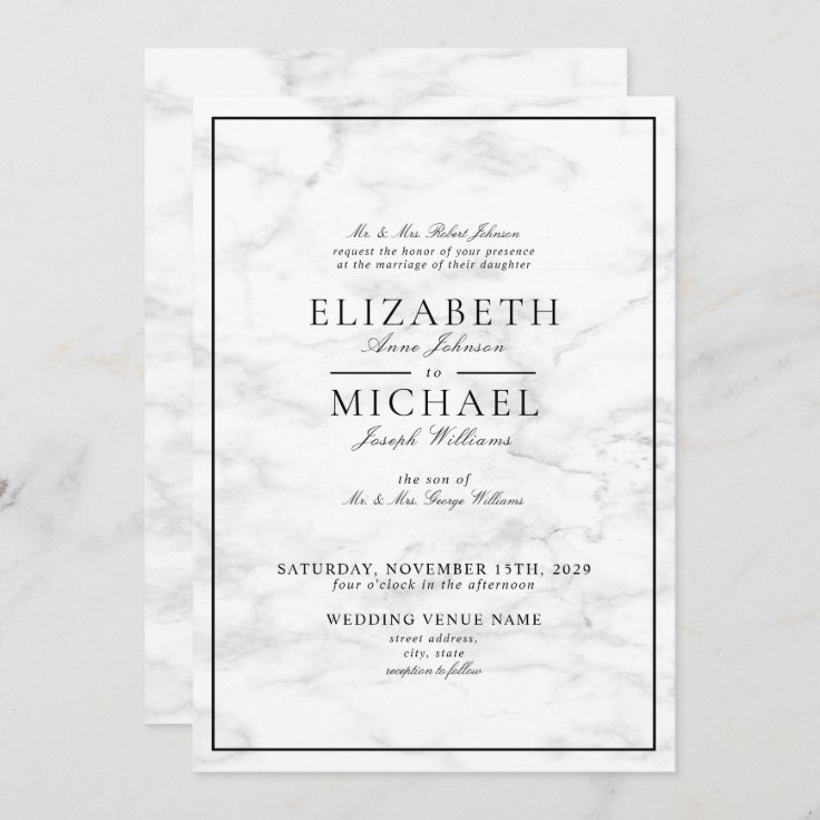 Elegant Black White Classic Marble Script Wedding Invitation | Zazzle