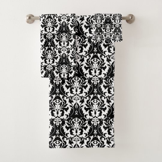 Elegant Black And White Damask Bath Towel Set