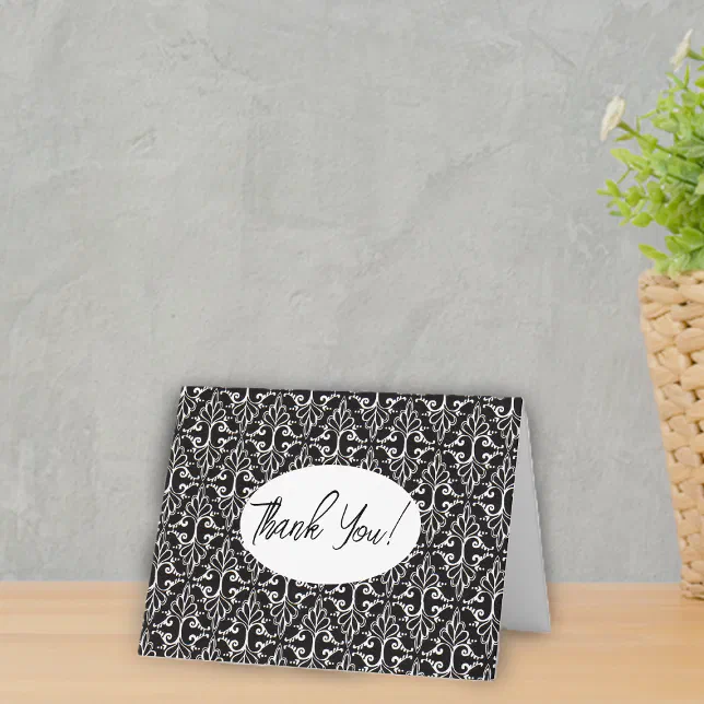Elegant black White Damask Pattern Scrolls Thank You Card | Zazzle