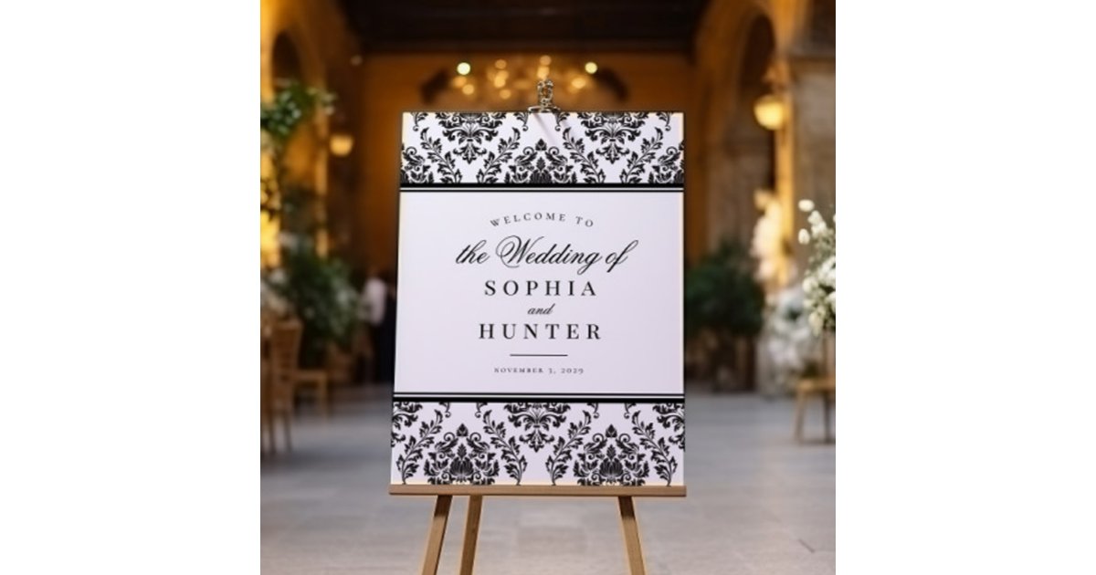 Elegant Black White Damask Wedding Welcome Sign | Zazzle