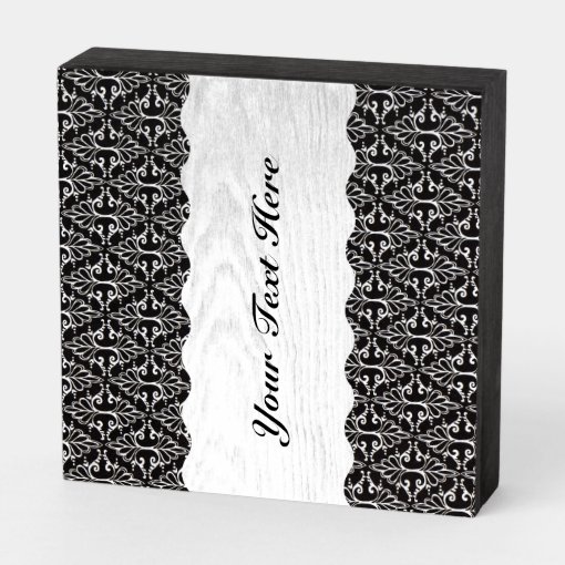 Elegant Black White Damask With Fancy Scrolls Wooden Box Sign | Zazzle