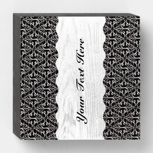 Elegant Black White Damask With Fancy Scrolls Wooden Box Sign | Zazzle