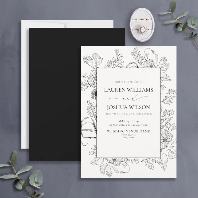 Elegant Black White Floral Line Art Wedding Invitation | Zazzle