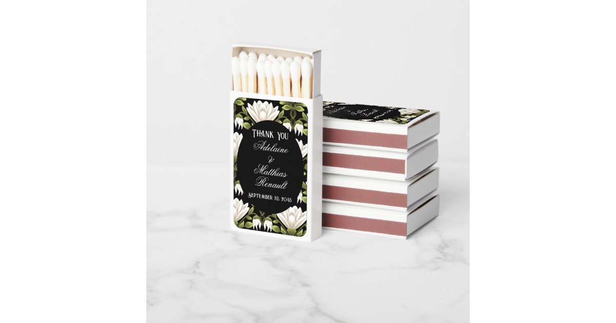Elegant Black & White Floral Wedding: Calligraphy Matchboxes | Zazzle