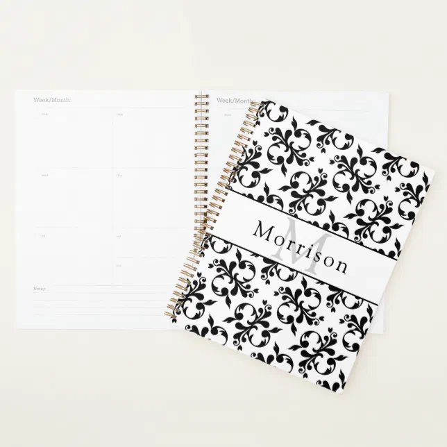 Elegant Black & White French Damask Pattern Planner | Zazzle
