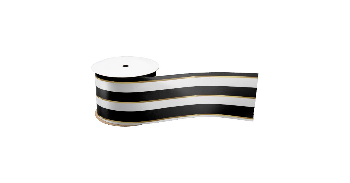 Elegant Black White Gold Horizontal Stripe Satin Ribbon | Zazzle