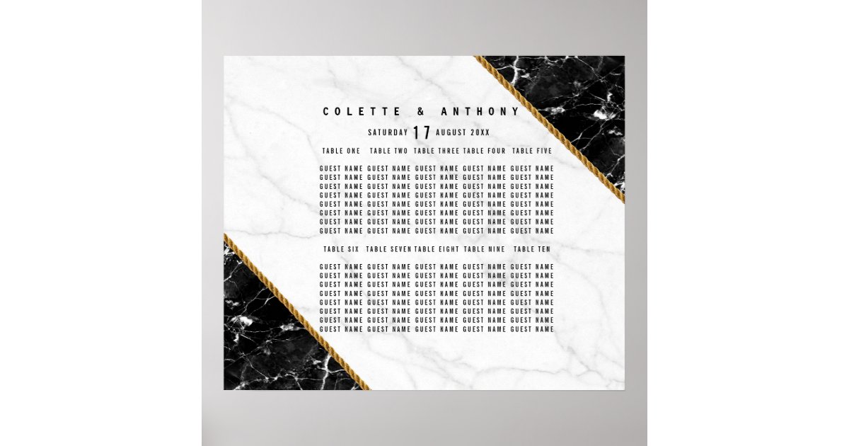 Elegant black white gold marble Seating Chart | Zazzle